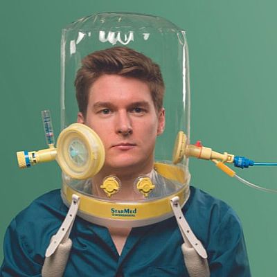 High Flow Helmet CPAP (with Flowmeter) or NIV (with Ventilator)